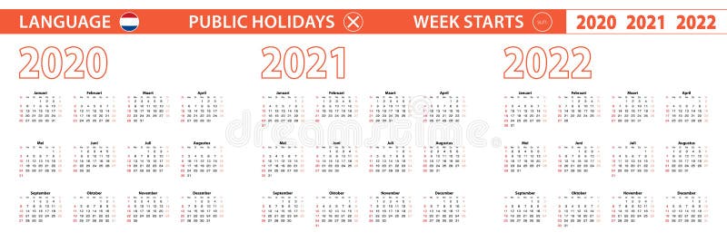 2020, 2021, 2022 Year Vector Calendar in Dutch Language, Week Starts on ...