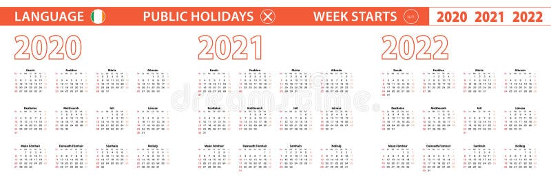 Calendar in Irish Language for Year 2020, 2021, 2022, 2023, 2024, 2025 ...