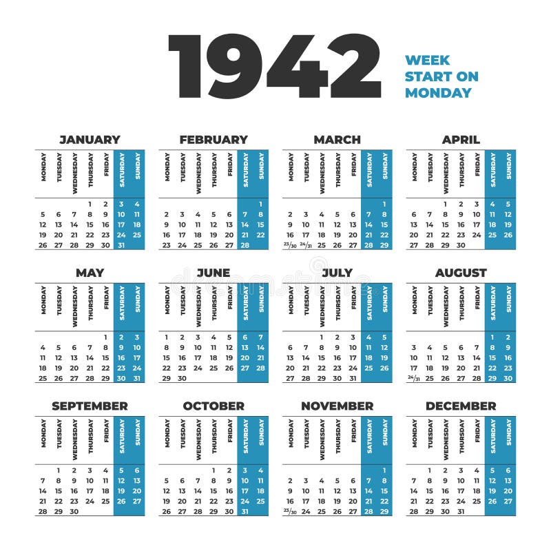 1942 Year Vector Calendar. Weeks Start on Monday Stock Vector ...