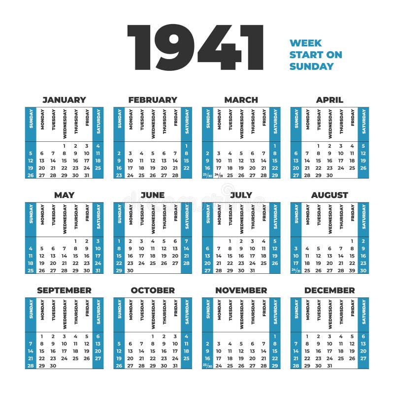 1941 Year Vector Calendar. Weeks Start on Monday Stock Vector ...