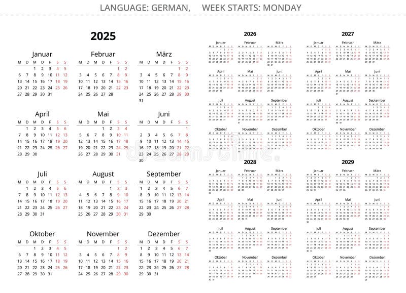 2025, 2026, 2027, 2028, 2029 Year Vertical German Calendars. Printable ...