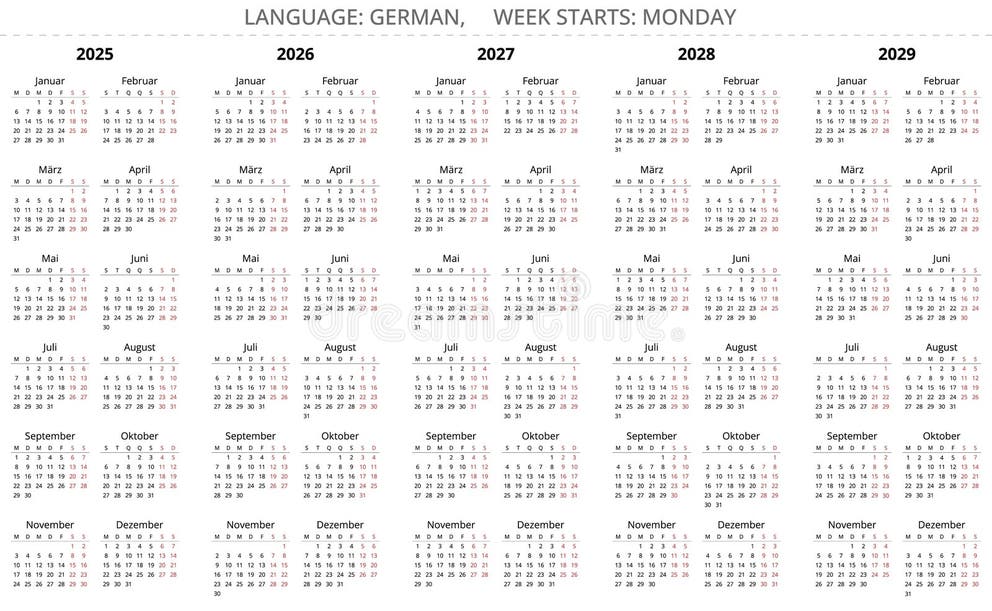 2025, 2026, 2027, 2028, 2029 Year Vertical German Calendars. Printable ...