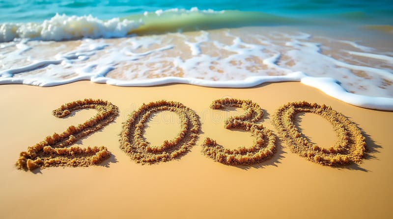 The Year 2030 is Written in Sand on a Beach, with Soft Waves Lapping ...