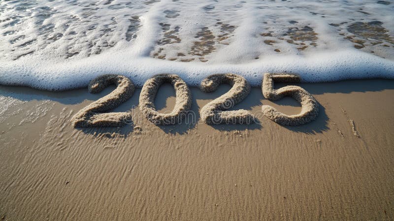 2025 Year Written in Sand with Ocean Waves at Beach - New Year ...