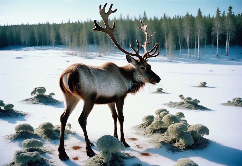 Yearling Reindeer Foraging on Lichen Stock Illustration - Illustration ...