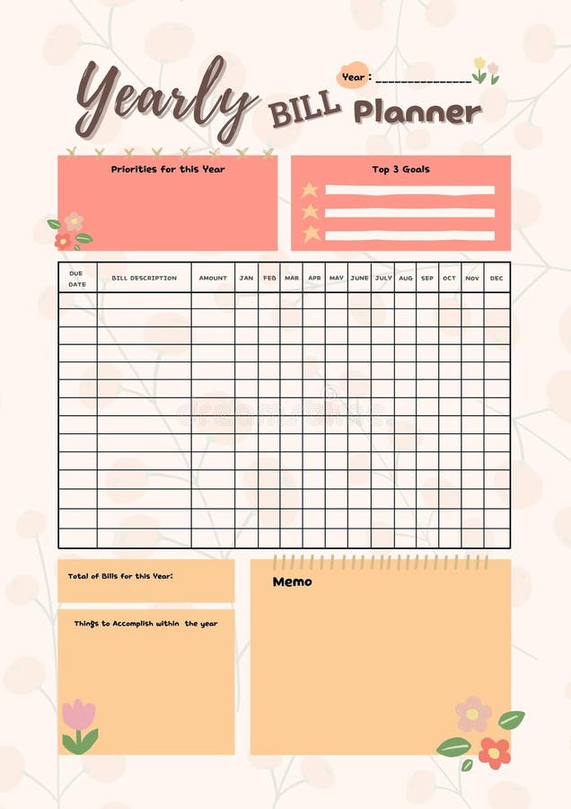 Yearly Bill Planner Digital Planning Insert Sheet Printable Page ...