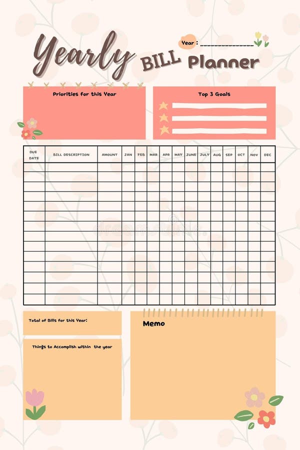 Yearly Bill Planner Digital Printable Blank Template Insert Stock Illustration - Illustration of ...