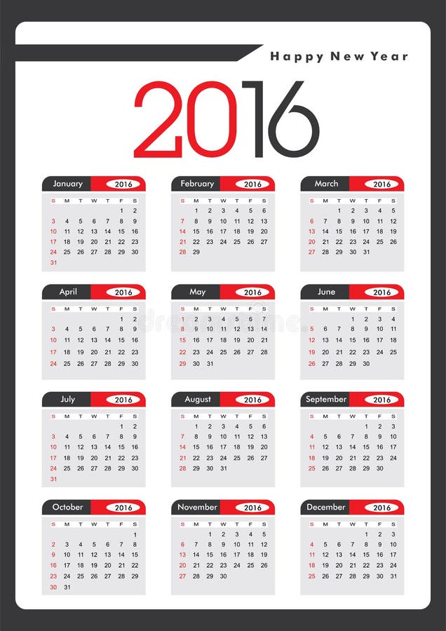2016 Yearly Calendar stock illustration. Illustration of march - 59841545