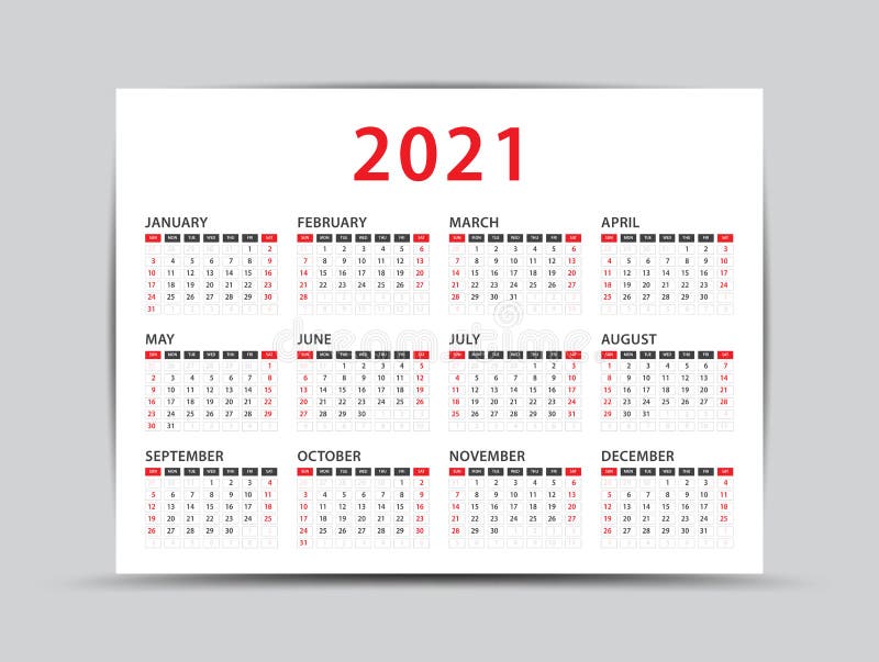 2021 Yearly Calendar - 12 Months Yearly Calendar Set in 2021, Planner ...