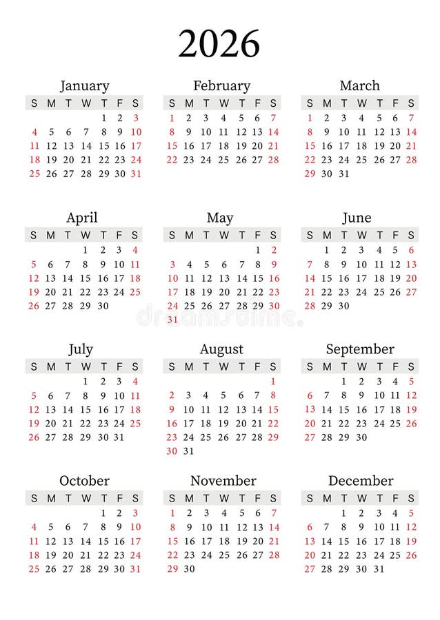2026 Yearly Calendar Vector Vertical, Sunday Start, Clean Design ...