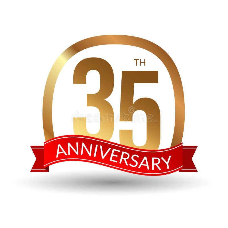 35 Years Anniversary Experience Gold Label with Red Ribbon, Vector ...