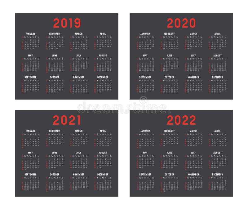 Simple Calendars for Years 2018 2019 2020 2021 2022 2023 Sundays in Red ...