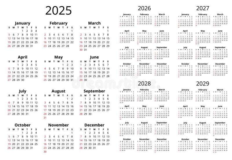 2025, 2026, 2027, 2028, 2029 Years English Calendars with 12 Months ...
