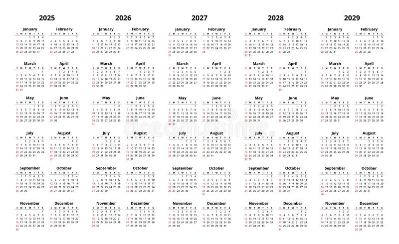 2025, 2026, 2027, 2028, 2029 Years English Calendars with 12 Months ...