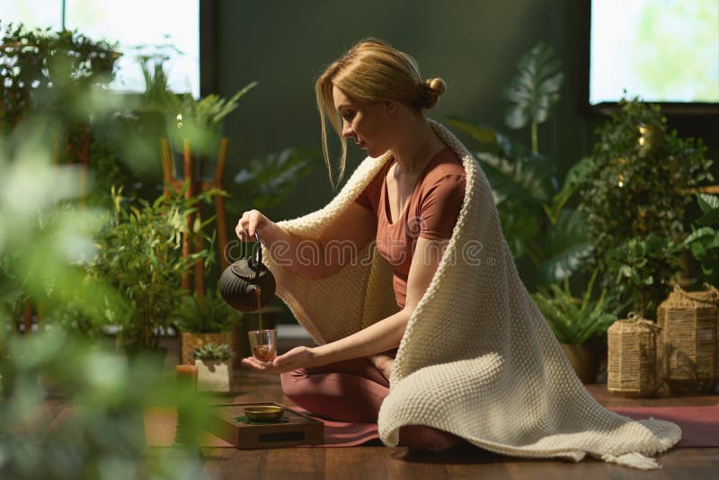 30 Years Old Woman with Tea at Modern Green Home Stock Photo - Image of ...