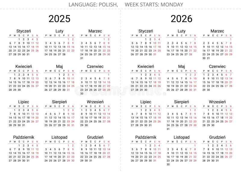 2025 and 2026 Years Polish Calendars. Printable Vector Illustration for ...