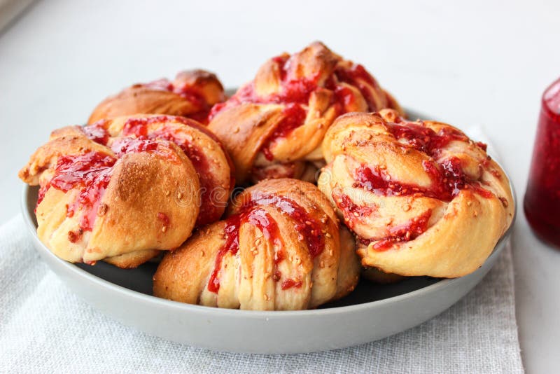 Yeast Buns with Raspberry Jam Stock Photo - Image of fresh, warmth ...