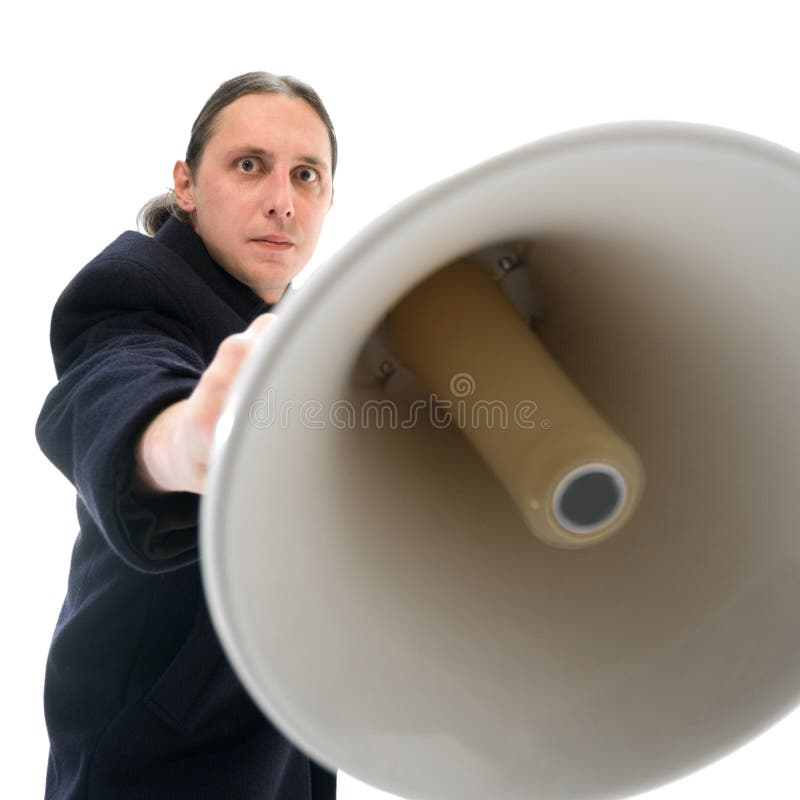 Yelling through megaphone stock photo. Image of speaker - 13471780
