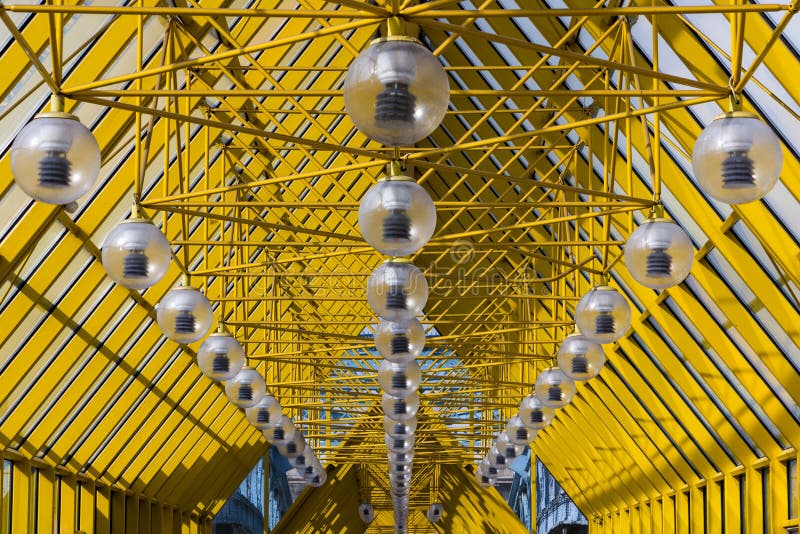 Yellow Abstract Ceiling. Modern Architecture with a Rhythmic, Diagonal ...