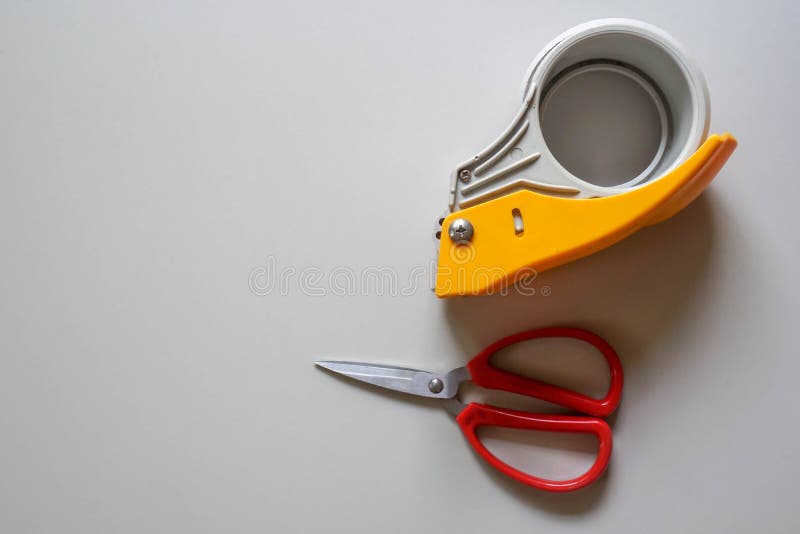 Yellow Adhesive Tape Holder with Blade and Sharp Red Metal Scissors ...