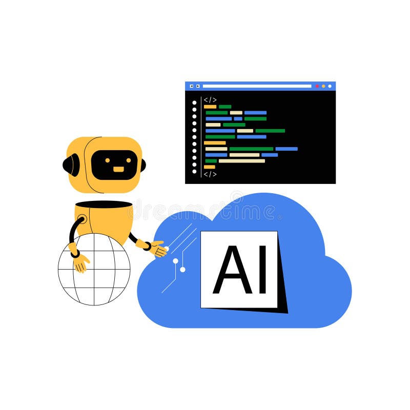 AI Robot with Cloud Technology and Coding Screen in Flat Vector ...