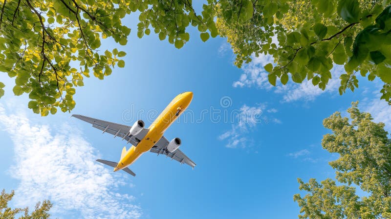 Yellow Airplane Flying in Clear Blue Sky Surrounded by Green Tree ...