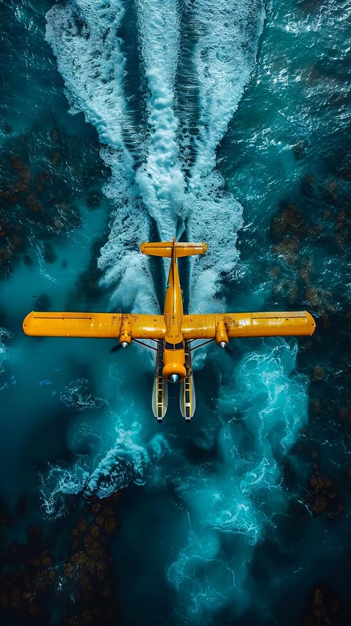 A Yellow Airplane Flying Over the Ocean Stock Photo - Image of biplane ...