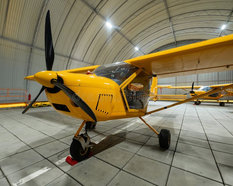 Yellow Airplane Glider in the Hangar. Stock Photo - Image of landscape ...