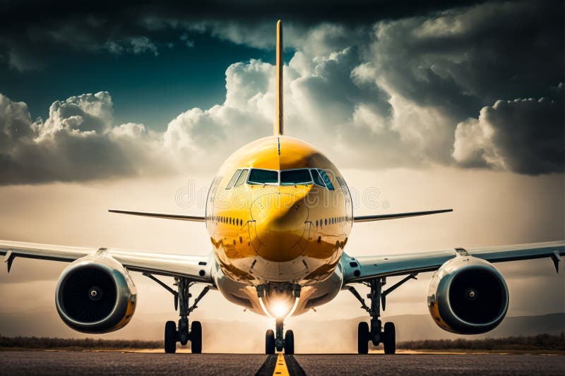 Yellow Airplane on the Runway with Cloudy Skies. Generative AI Stock ...