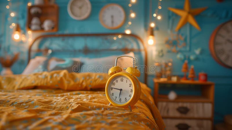 Yellow Alarm Clock on Bed, Cozy Bedroom Interior with Boho Style Decor ...