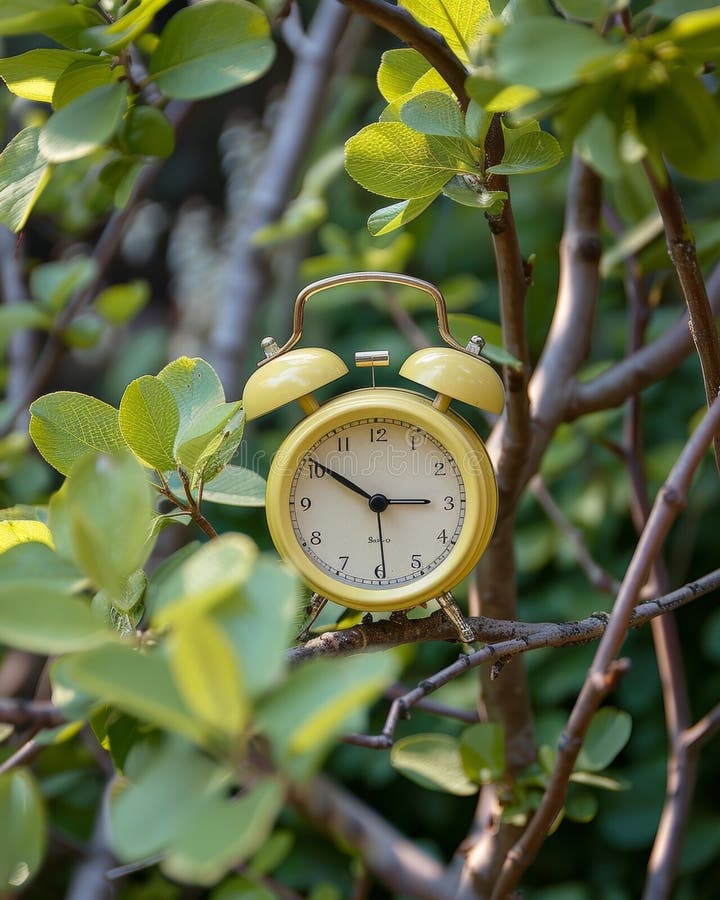 A Yellow Alarm Clock Placed on a Tree Branch, Against a Clear Sky ...