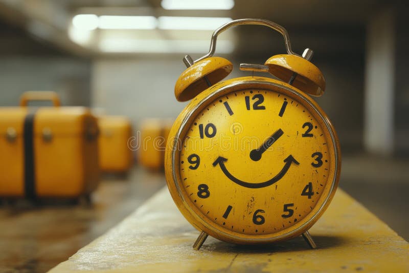 A Yellow Alarm Clock with a Smiling Face on it Stock Photo - Image of ...