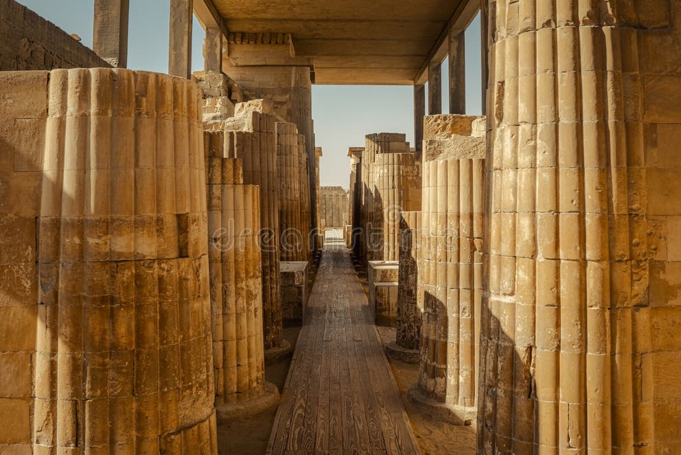 Yellow Ancient Stone Columns in the Pyramid Complex in Egypt Stock ...