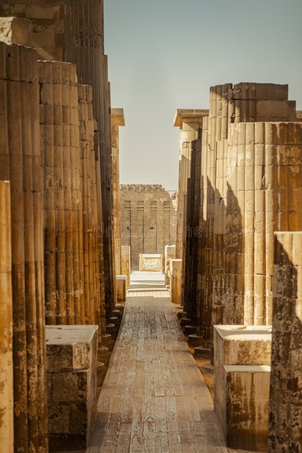 Yellow Ancient Stone Columns in the Pyramid Complex in Egypt Stock ...