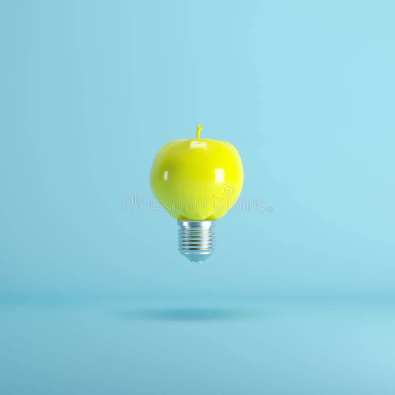 Yellow Apple Light Bulb Floating on Blue Background Stock Illustration ...