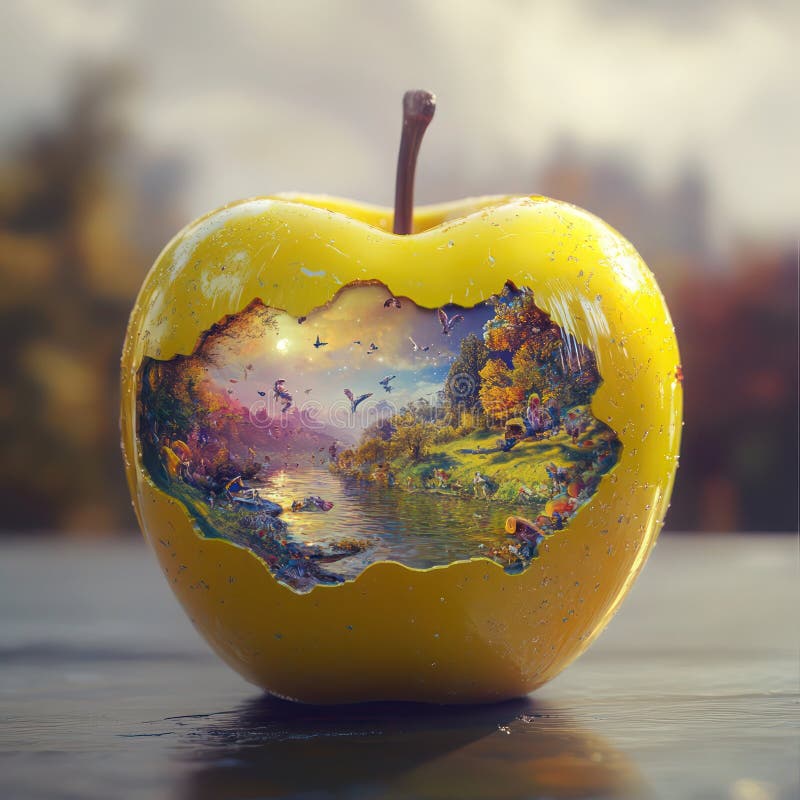 A Yellow Apple with Reflective Skin Showing Different Lives in Its ...