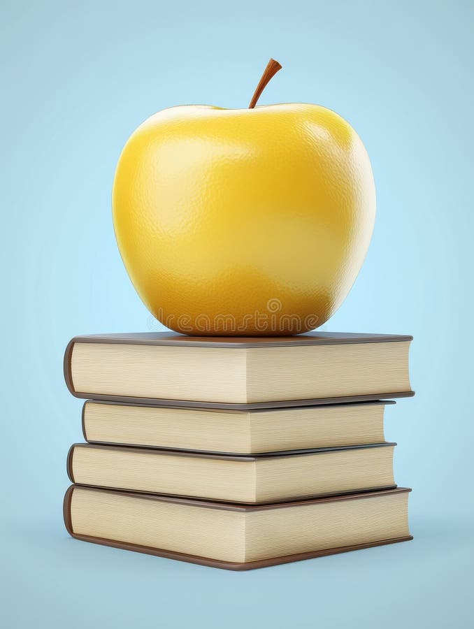 Yellow Apple on Stack of Books Education Knowledge Learning Wisdom 3d ...