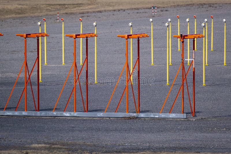 Yellow Approach Lights at the Beginning of a Runway. Red Precision ...