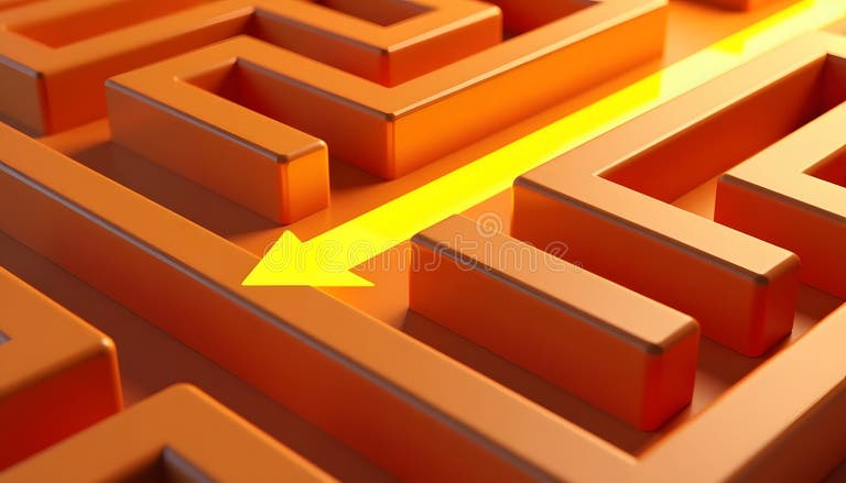 A Yellow Arrow Guides through an Orange Maze, Representing Problem-solving Stock Illustration ...