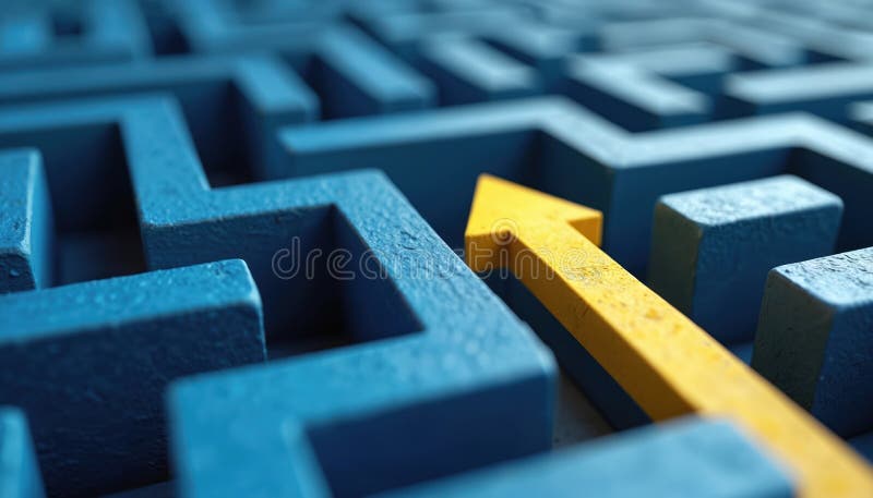 Yellow Arrow Navigates through Blue Labyrinth. Symbol of Solving ...