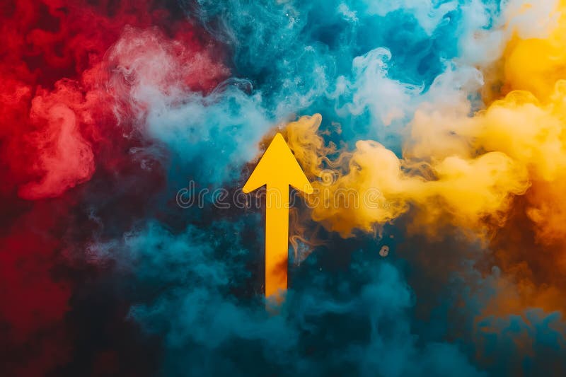 A Yellow Arrow Pointing Up in a Cloud of Colored Smoke Stock Image ...