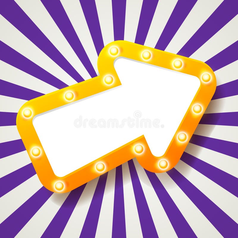 Yellow Arrow with Shiny Light Bulbs on Purple Rays Stock Vector ...