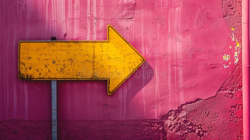 Yellow Arrow Sign on a Pink Textured Wall Stock Photo - Image of ...