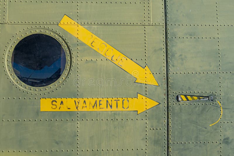 Yellow Arrows on Airplane Fuselage Indicating Rescue Door Handle Stock ...
