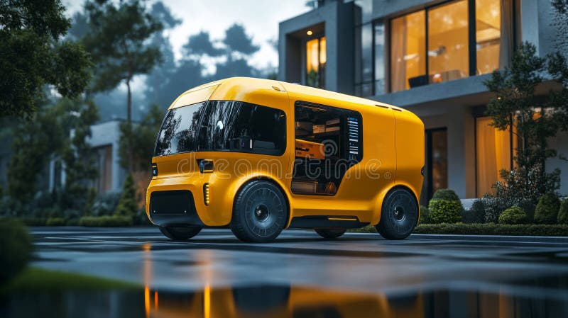 Yellow Autonomous Electric Delivery Van Parked in Front of a Modern ...