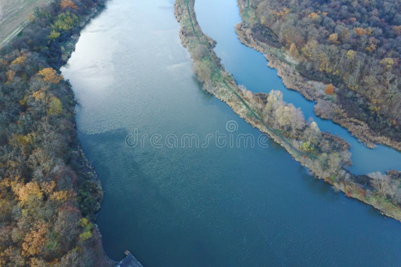 Yellow Autumn Forest and Blue River, Top View, Autumn Landscape Stock ...
