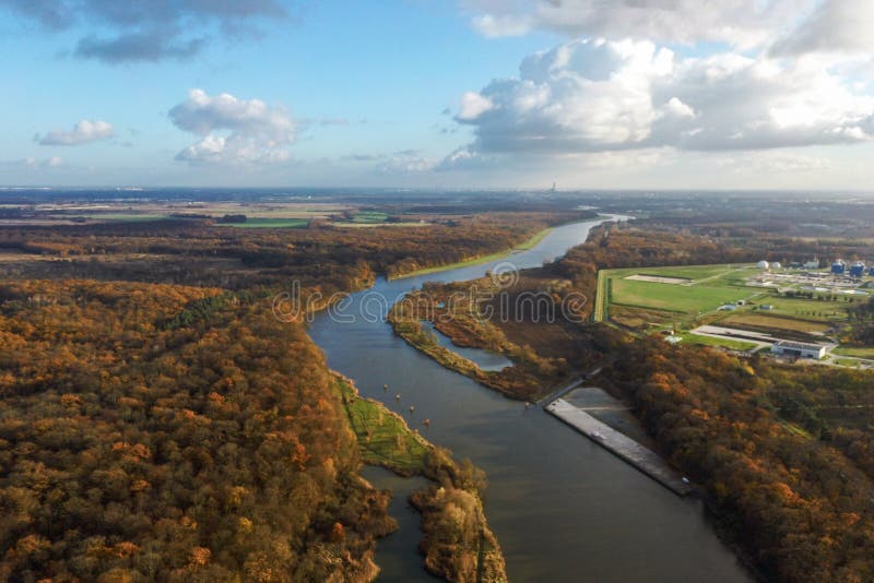 Yellow Autumn Forest and Blue River, Top View, Autumn Landscape Stock ...