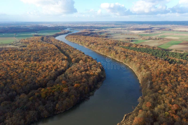 Yellow Autumn Forest and Blue River, Top View, Autumn Landscape Stock ...