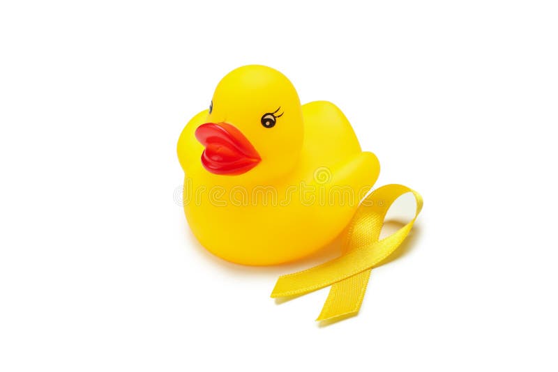 Yellow Awareness Ribbon and Rubber Duck Isolated on White Background ...