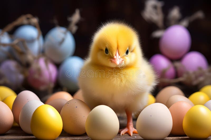 Yellow Baby Chicken with Colored Easter Eggs, Spring and Easter Symbols ...